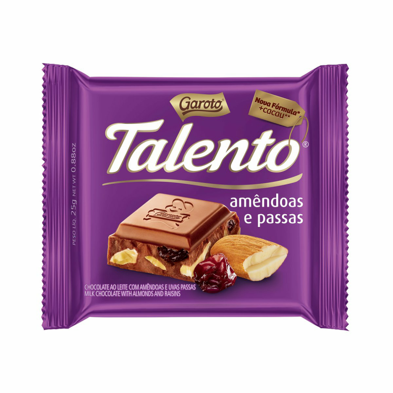 Chocolate Talento 25gr Leite/Amêndoas/Passas